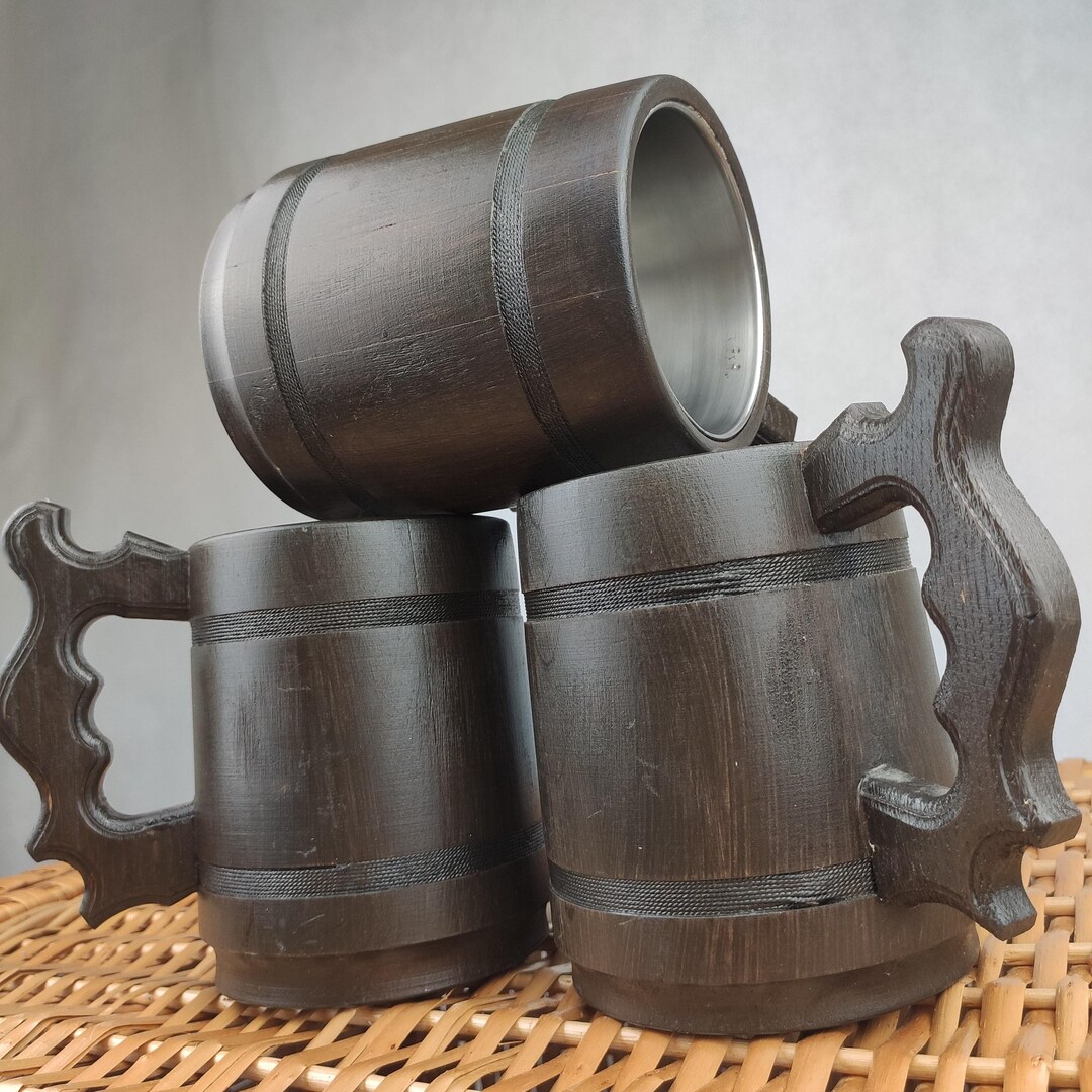 Handmade Oak Wood Beer Mug Set With Stainless Steel Liner – 600ml ...