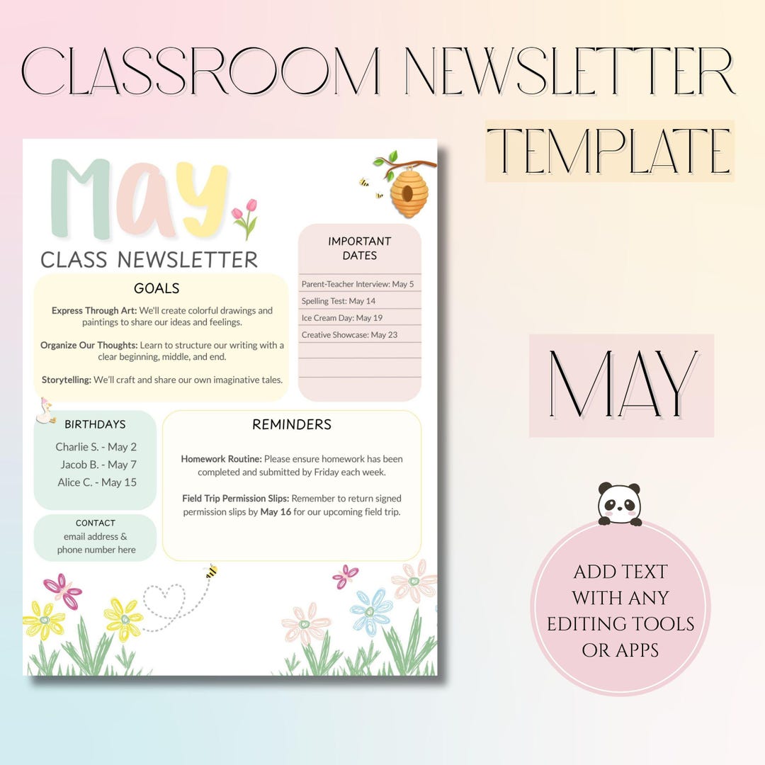May Class Newsletter Template, Flowers & Bees, Instant Download PDF - Etsy