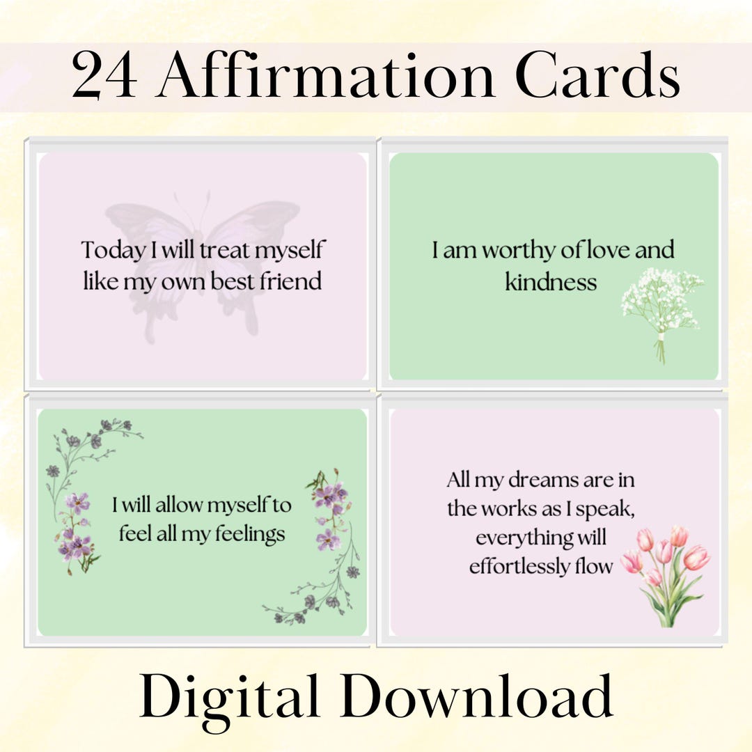 24 Affirmation Cards, Digital Download, Cute Floral Designs, Gentle ...