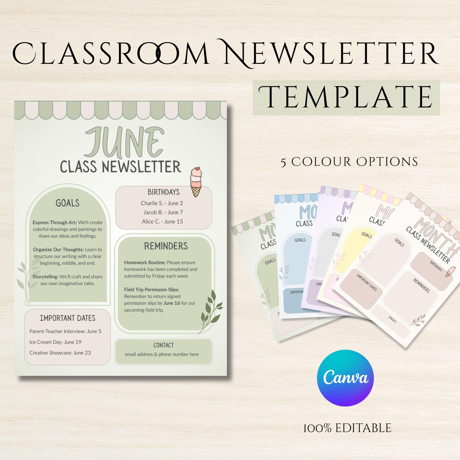 Classroom Newsletter Template, 100% Editable, Cute & Calm Colors ...