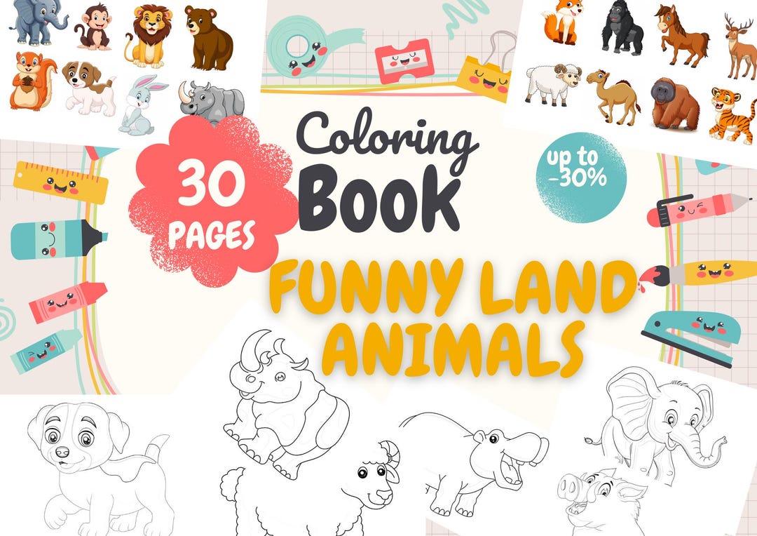 30 Pages Printable & Digital Coloring Book for Kids Funny Land Animals ...