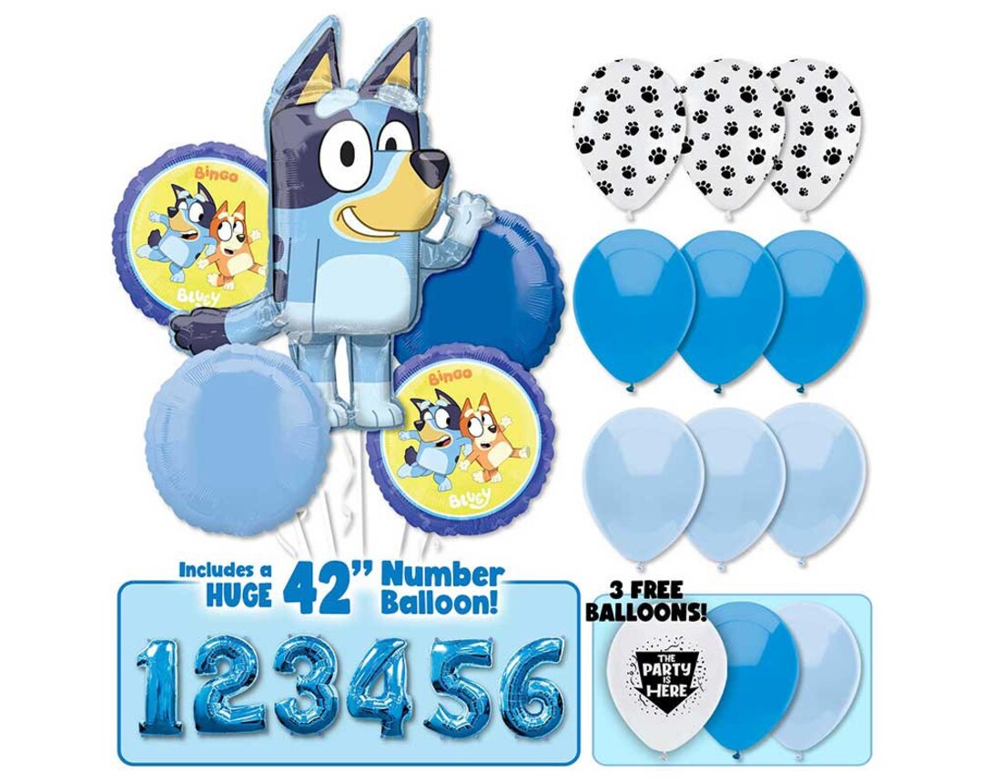 Bluey Balloons Bouquet - Blue 42" Number Balloon 1-6 - Pale Blue and ...