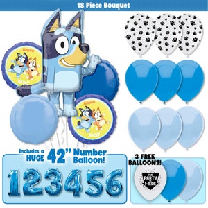Bluey Balloons Bouquet - Blue 42" Number Balloon 1-6 - Pale Blue and ...