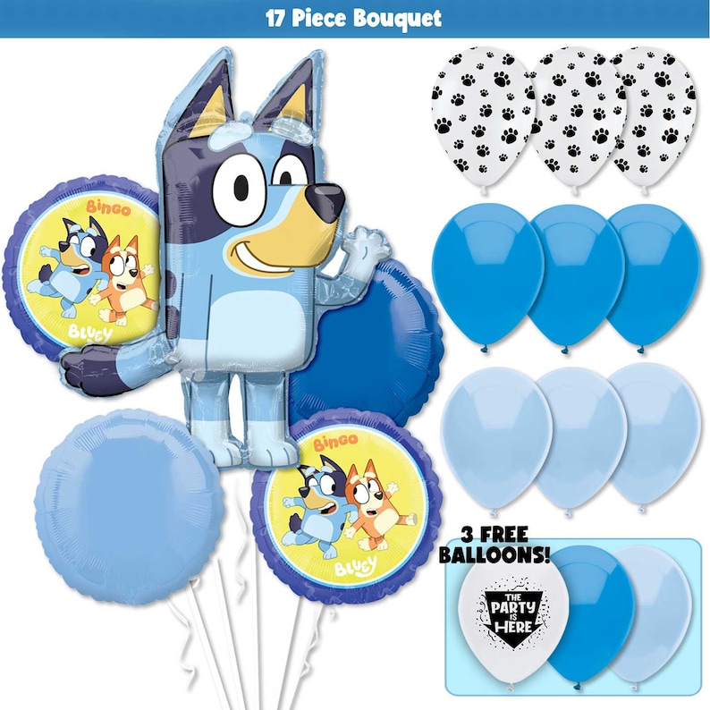 Bluey Balloons Bouquet - Blue 42" Number Balloon 1-6 - Pale Blue and ...