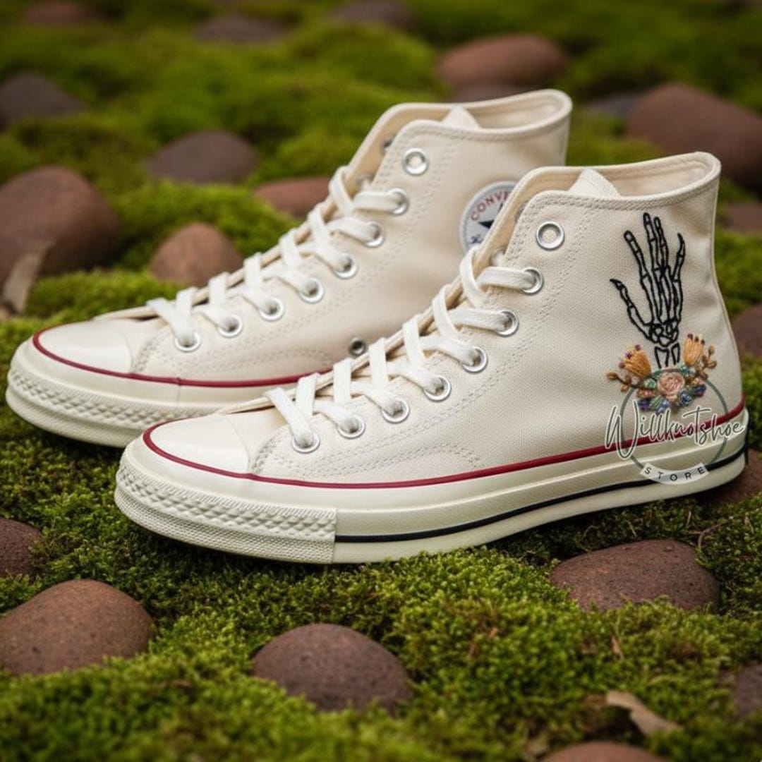 Halloween Skeleton and Flower Hand Embroidered Black Chuck Taylor 1970s ...