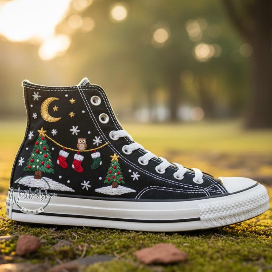 Custom Christmas Converse Christmas Tree Stockings Moon Winter Snow ...