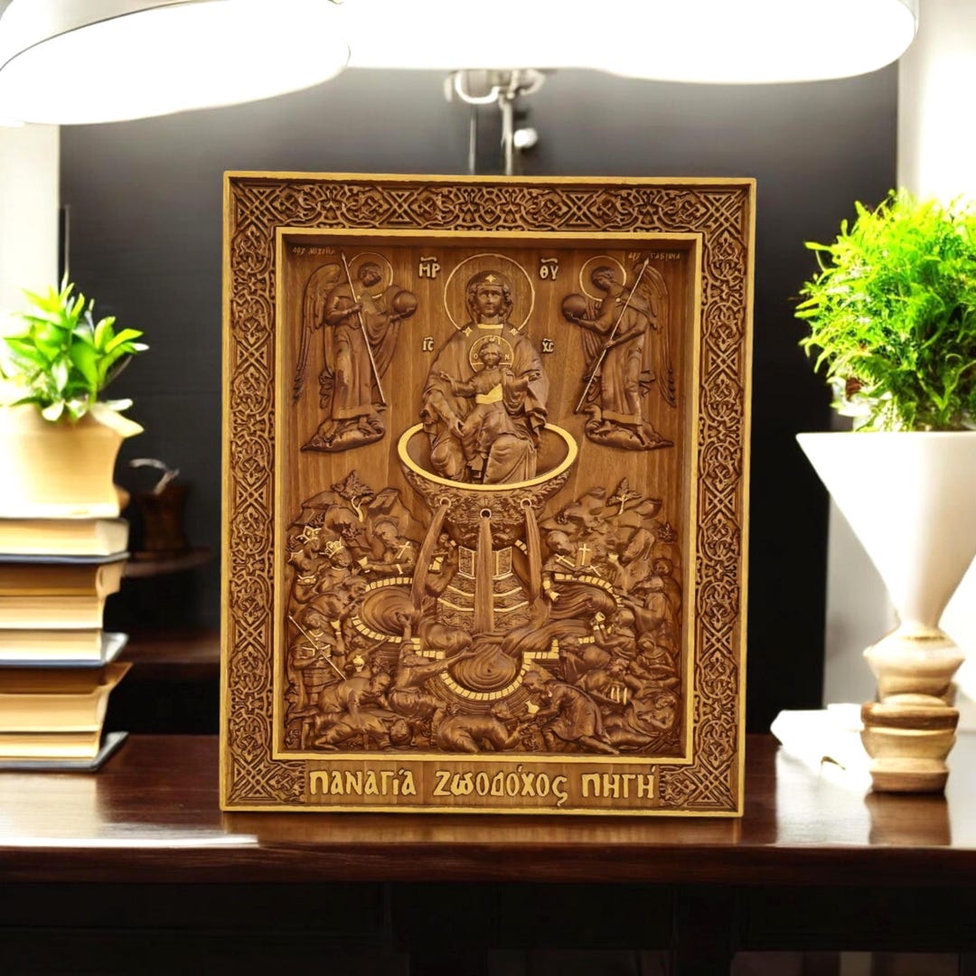Mother of God Life-giving Spring Wooden Carved Handmade Christian Icon ...