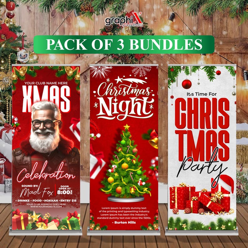 Set of 3 Custom Christmas Retractable Banners Christmas Party Welcome ...