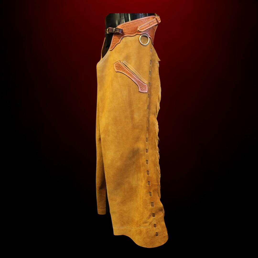 Western Wear Men's Leather Fringe Roughout Shotgun Chaps With Handmade ...