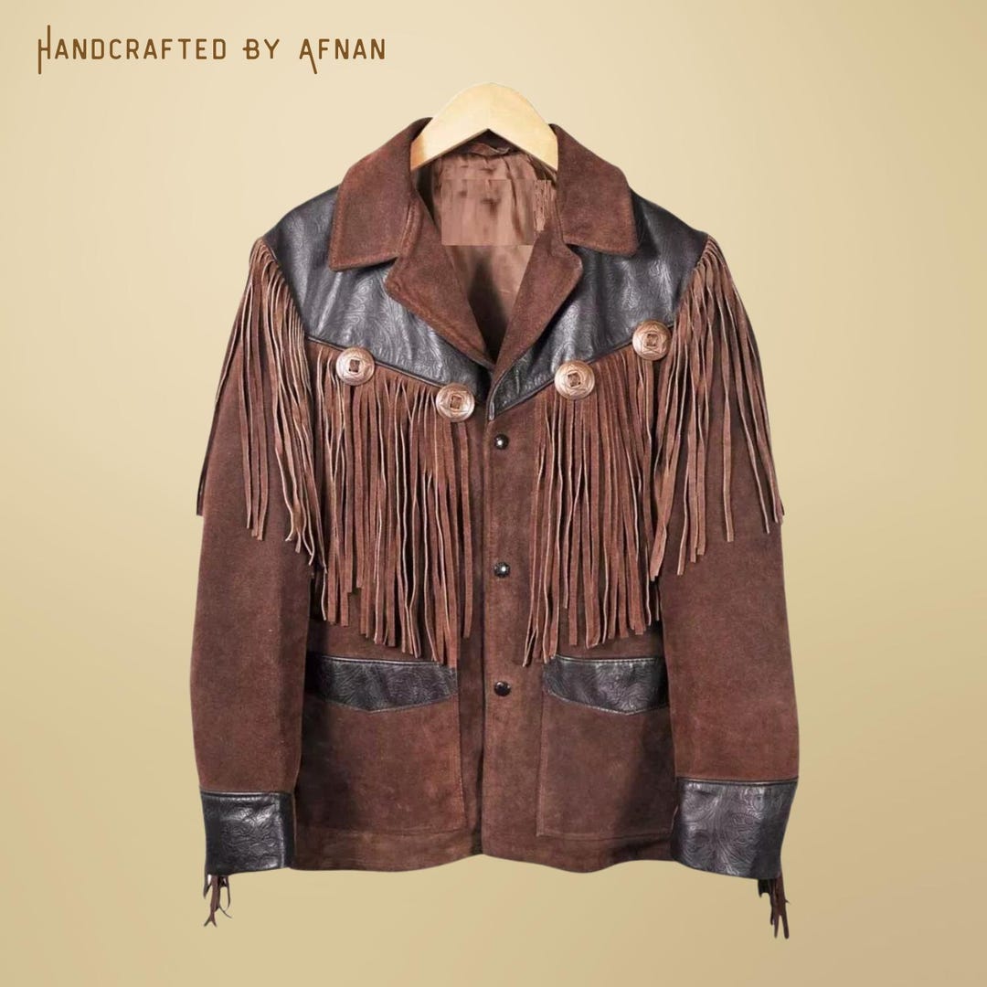 Traditional Western Cowboy Suede Leather Fringe Jacket With Conchos ...