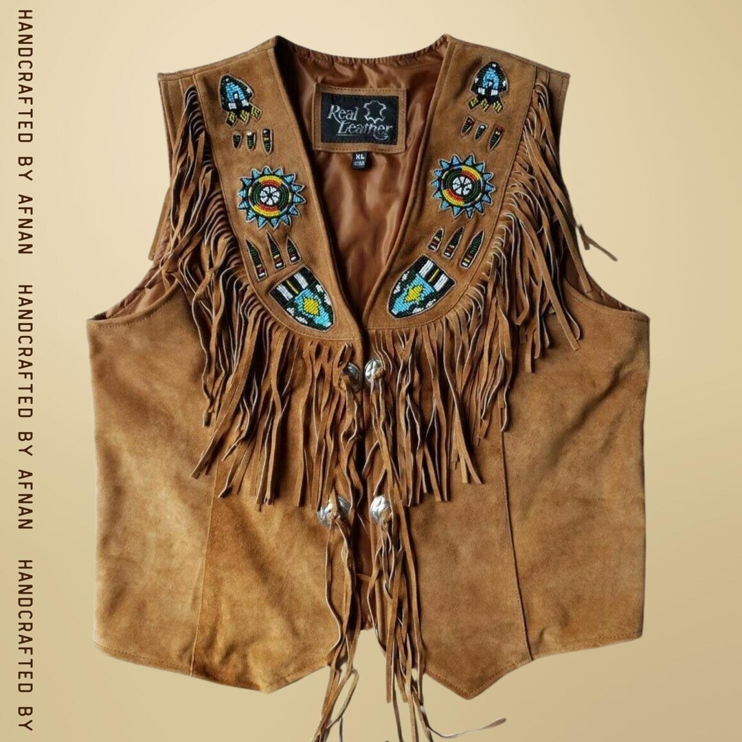 Native American Cognac Suede Leather Fringe Vest With Conchos Tie ...