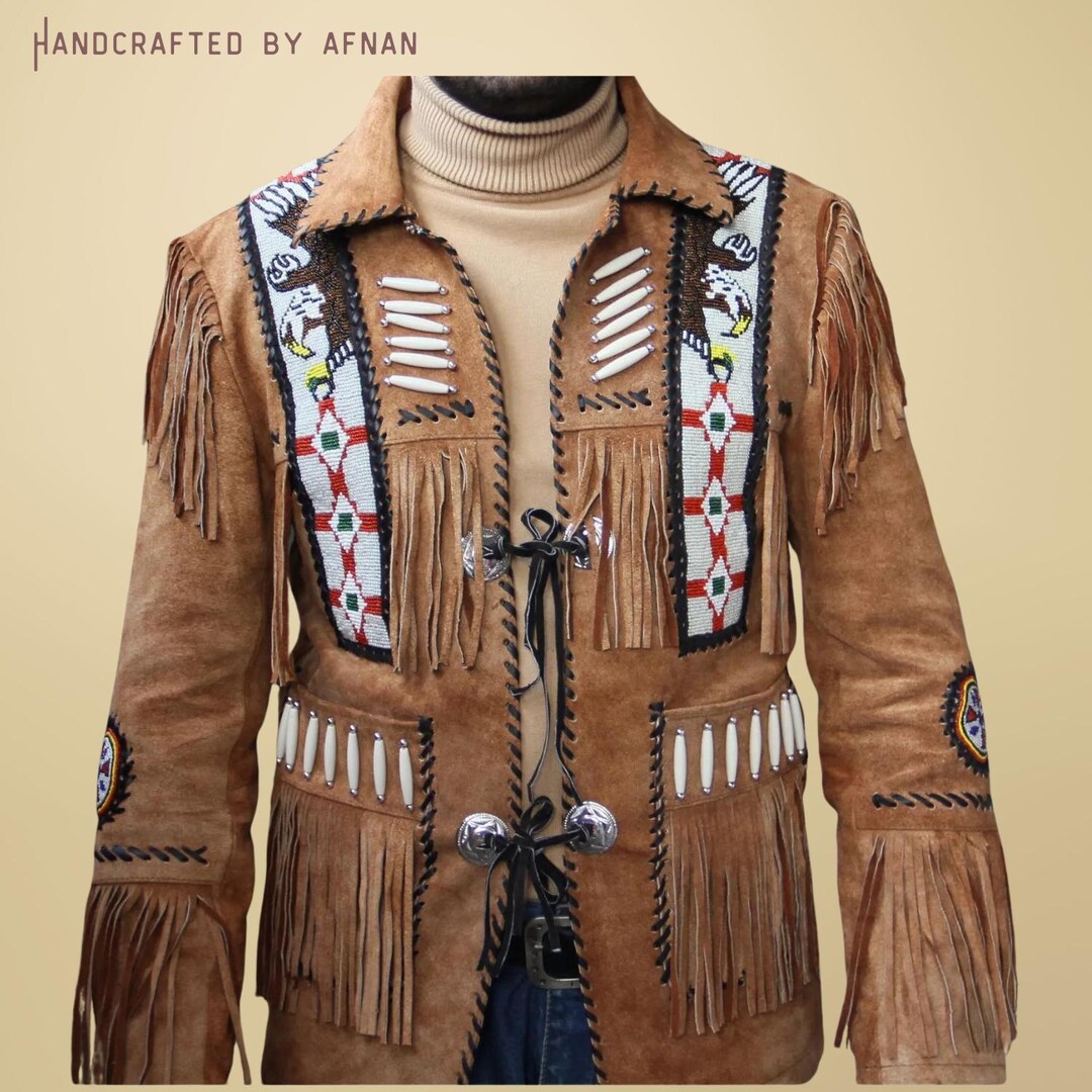 Native American Cowhide Suede Leather Fringe Jacket With Conchos Belt ...
