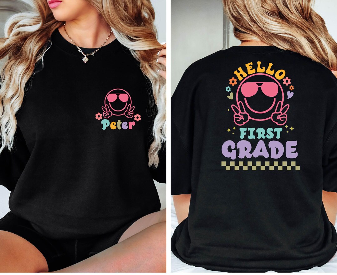 Custom Pocket Name First Day of School Front Back Shirt, Hello First ...