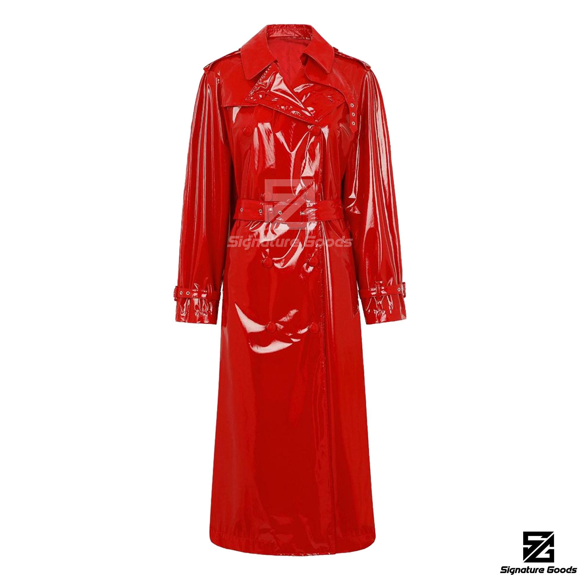 Women's Red Vinyl Gothic Trench Coat Shiny Faux Leather Long Coat ...