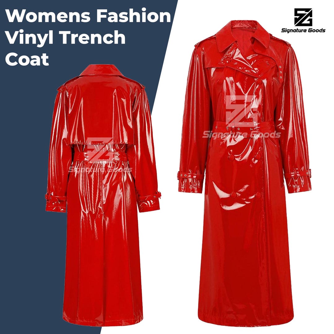 Women's Red Vinyl Gothic Trench Coat Shiny Faux Leather Long Coat ...