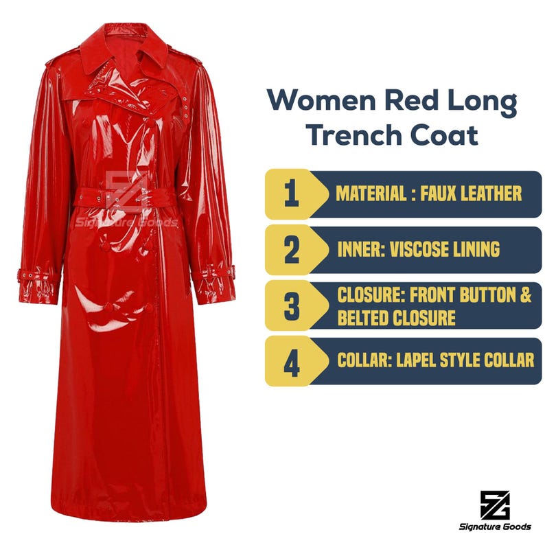 Women's Red Vinyl Gothic Trench Coat Shiny Faux Leather Long Coat ...