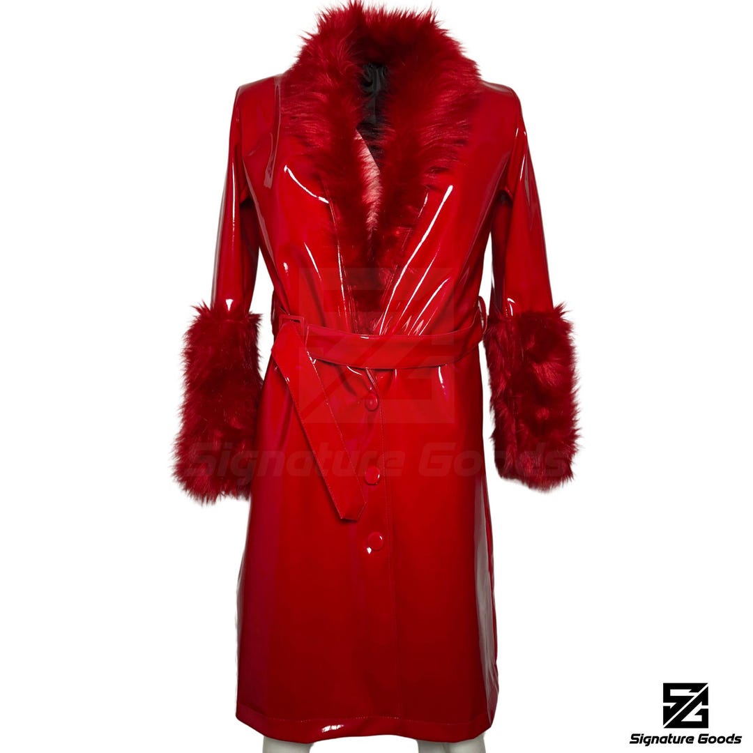 Women's Red Vinyl PVC Trench Coat - Shiny PVC Faux Leather Long Coat ...