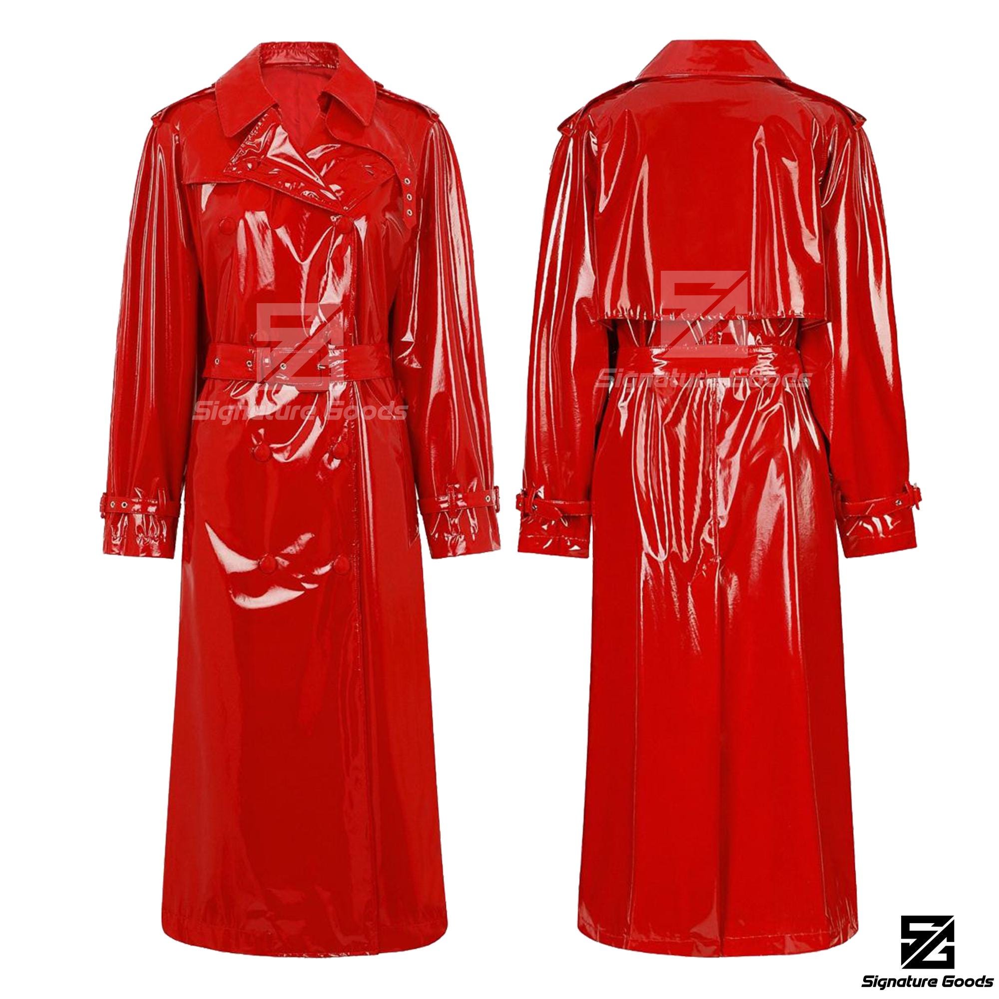 Women's Red Vinyl Gothic Trench Coat Shiny Faux Leather Long Coat ...