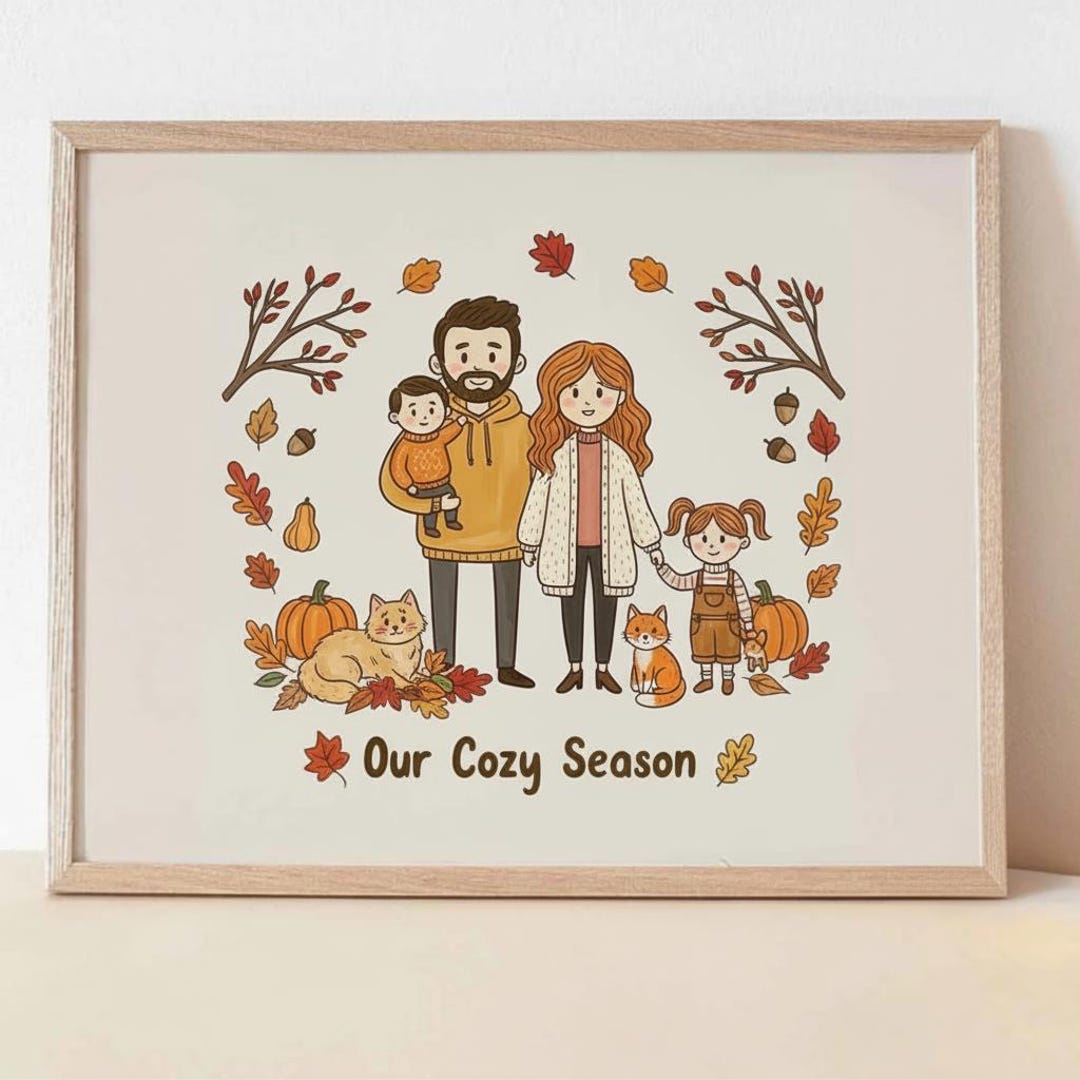 Golden Fall Memories Portrait, Custom Family Illustration, Autumn ...
