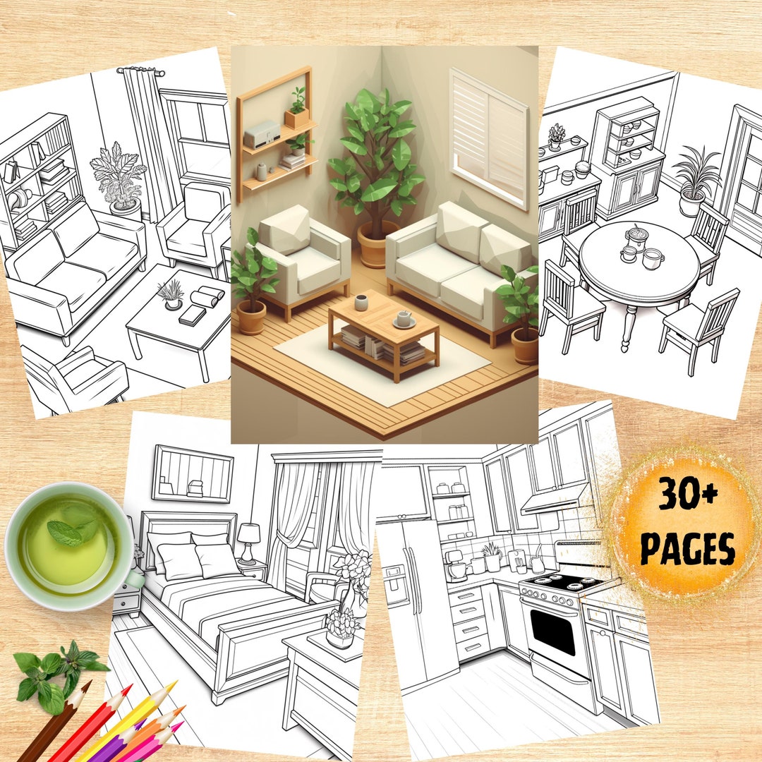 House Rooms Coloring Pages/ Home Interior Coloring Book for Adults ...