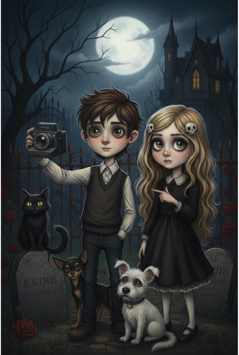 Custom Gothic Portrait With Pets, Goth Inspired Couple Illustration ...