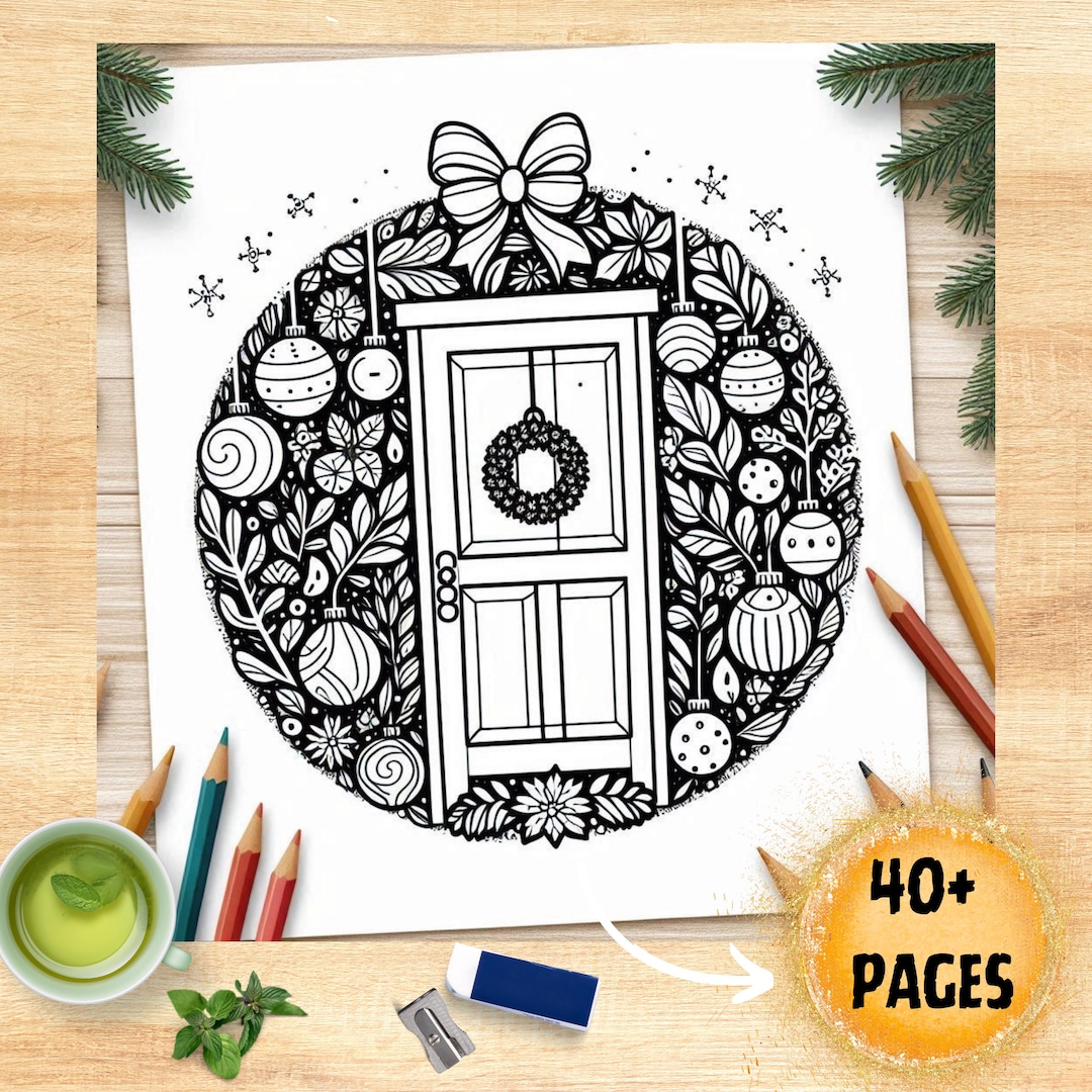 Christmas Door Coloring Pages/ Christmas Coloring Activities for Adults ...