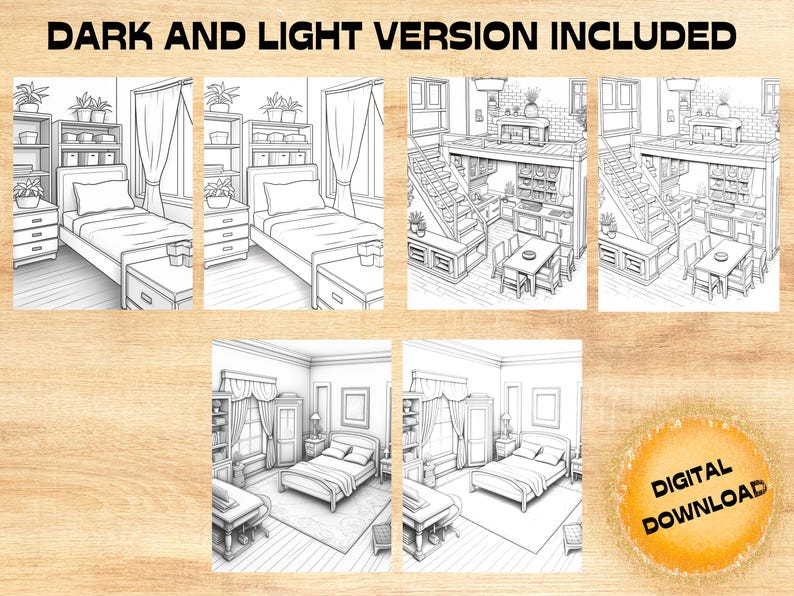 Cozy Home Interior Coloring Pages, Grayscale Interior Coloring Book for ...