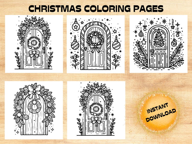 Christmas Doors Coloring Pages for Adults and Kids/ New Year Coloring ...