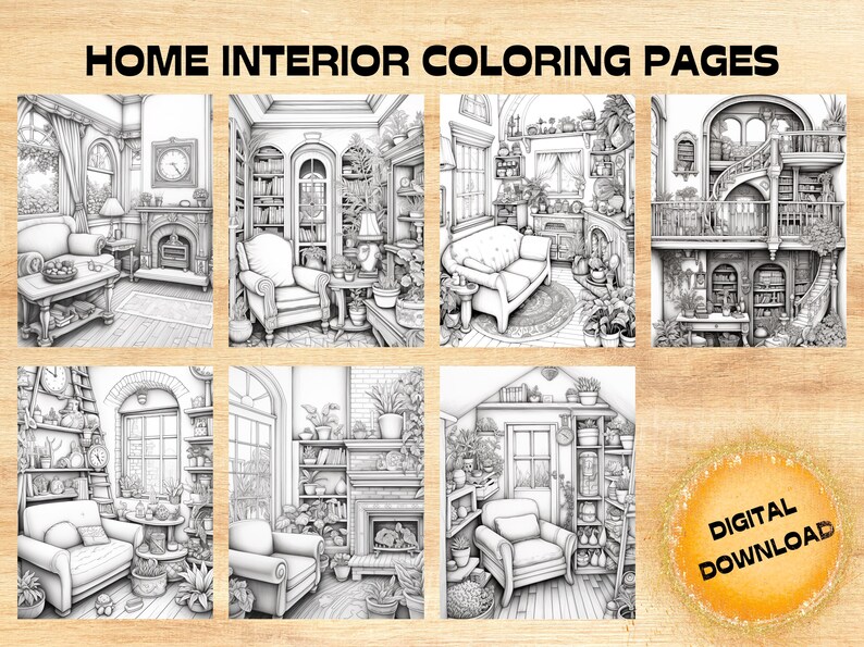 Home Interior Coloring Pages for Adults/ Grayscale Home Interior ...