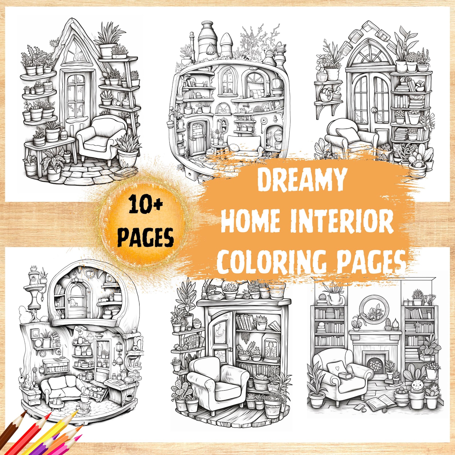Dreamy Home Interior Coloring Pages for Adults/ Whimsical Grayscale ...