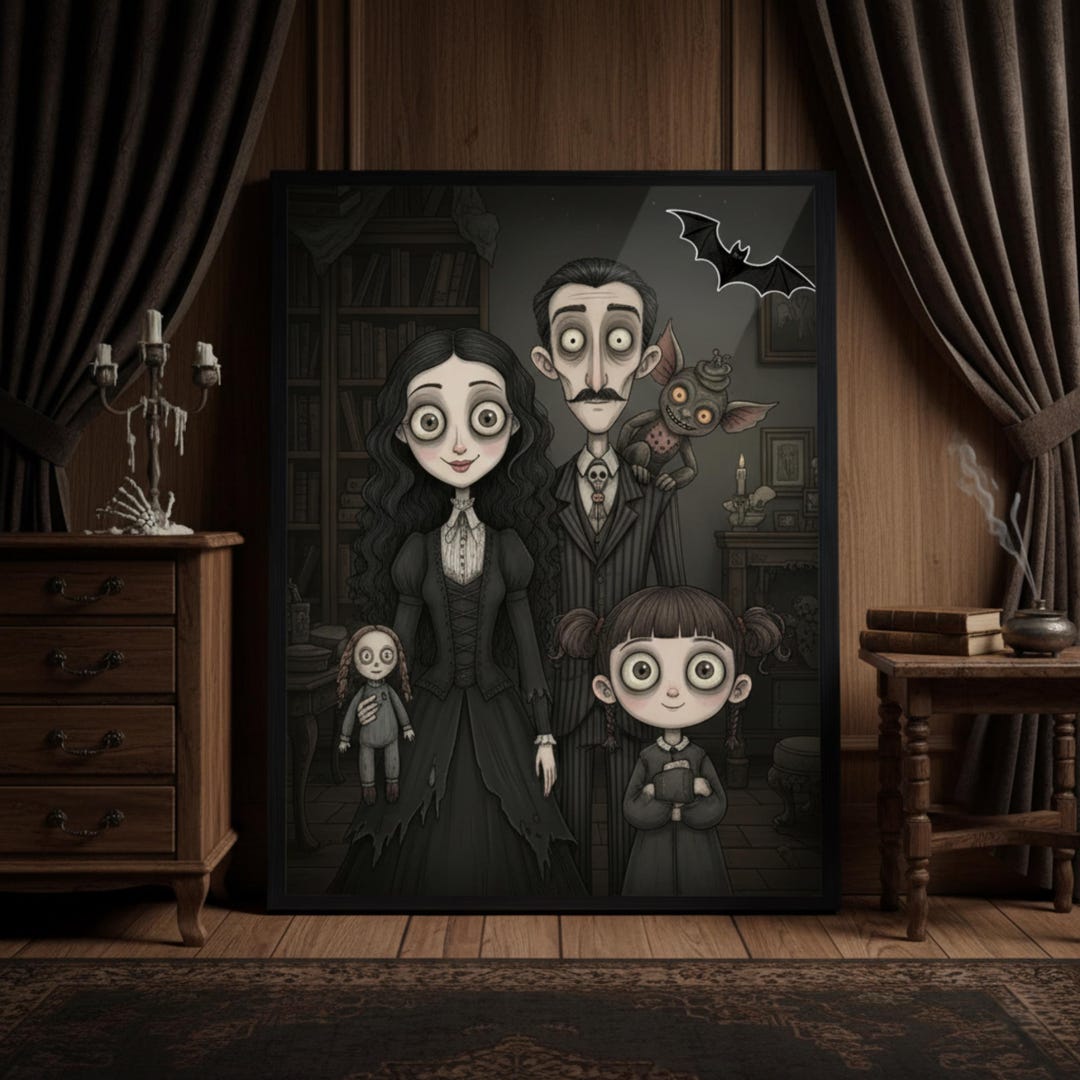 Tim Burton Style Gothic Family Portrait, Spooky Addams Family Artwork ...
