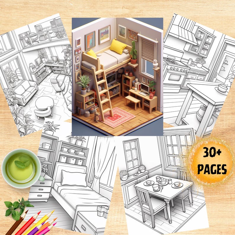 Cozy Home Interior Coloring Pages, Grayscale Interior Coloring Book for ...