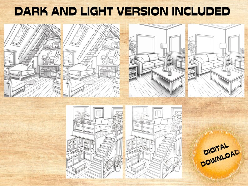 Cozy Home Interior Coloring Pages, Grayscale Interior Coloring Book for ...