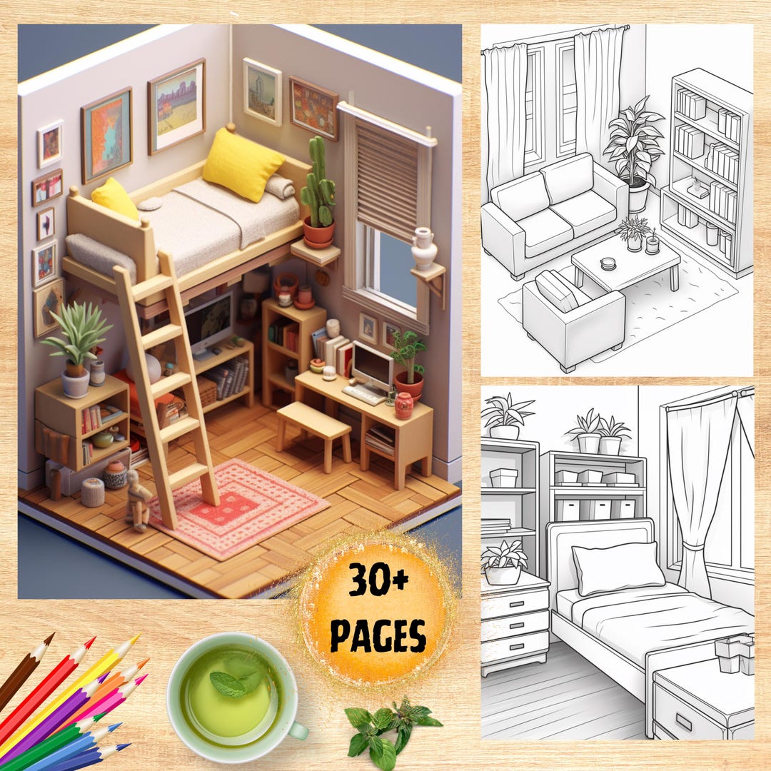 Cozy Home Interior Coloring Pages, Grayscale Interior Coloring Book for ...