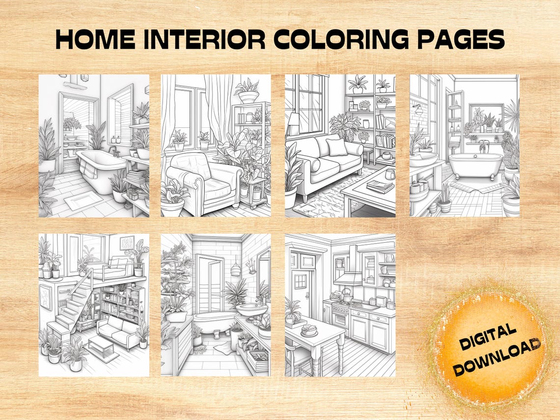 Home Interior Coloring Pages for Adults/ Grayscale Home Interior ...
