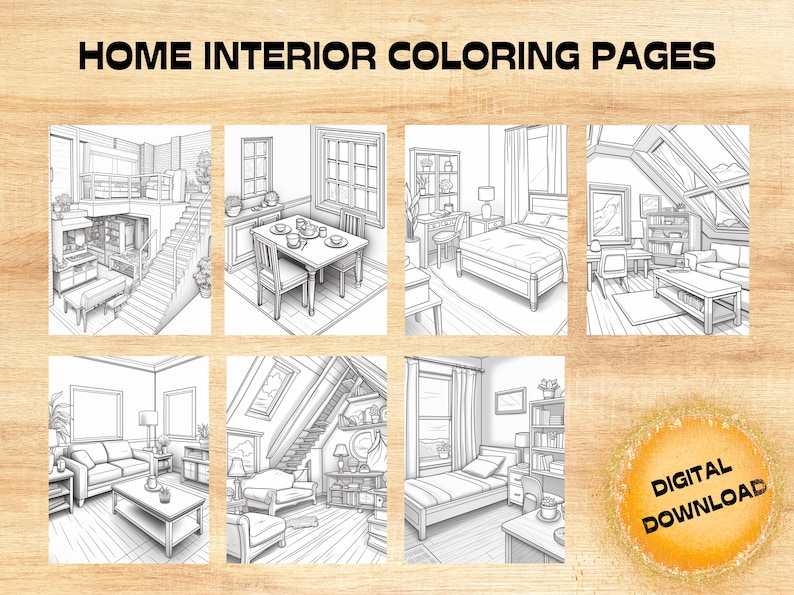 Cozy Home Interior Coloring Pages, Grayscale Interior Coloring Book for ...