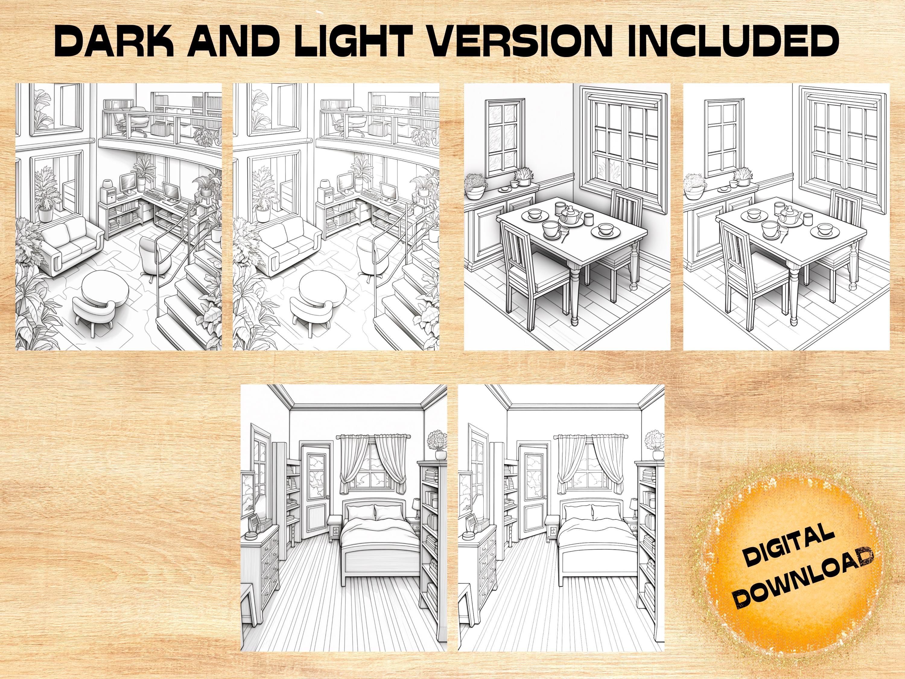 Cozy Home Interior Coloring Pages, Grayscale Interior Coloring Book for ...