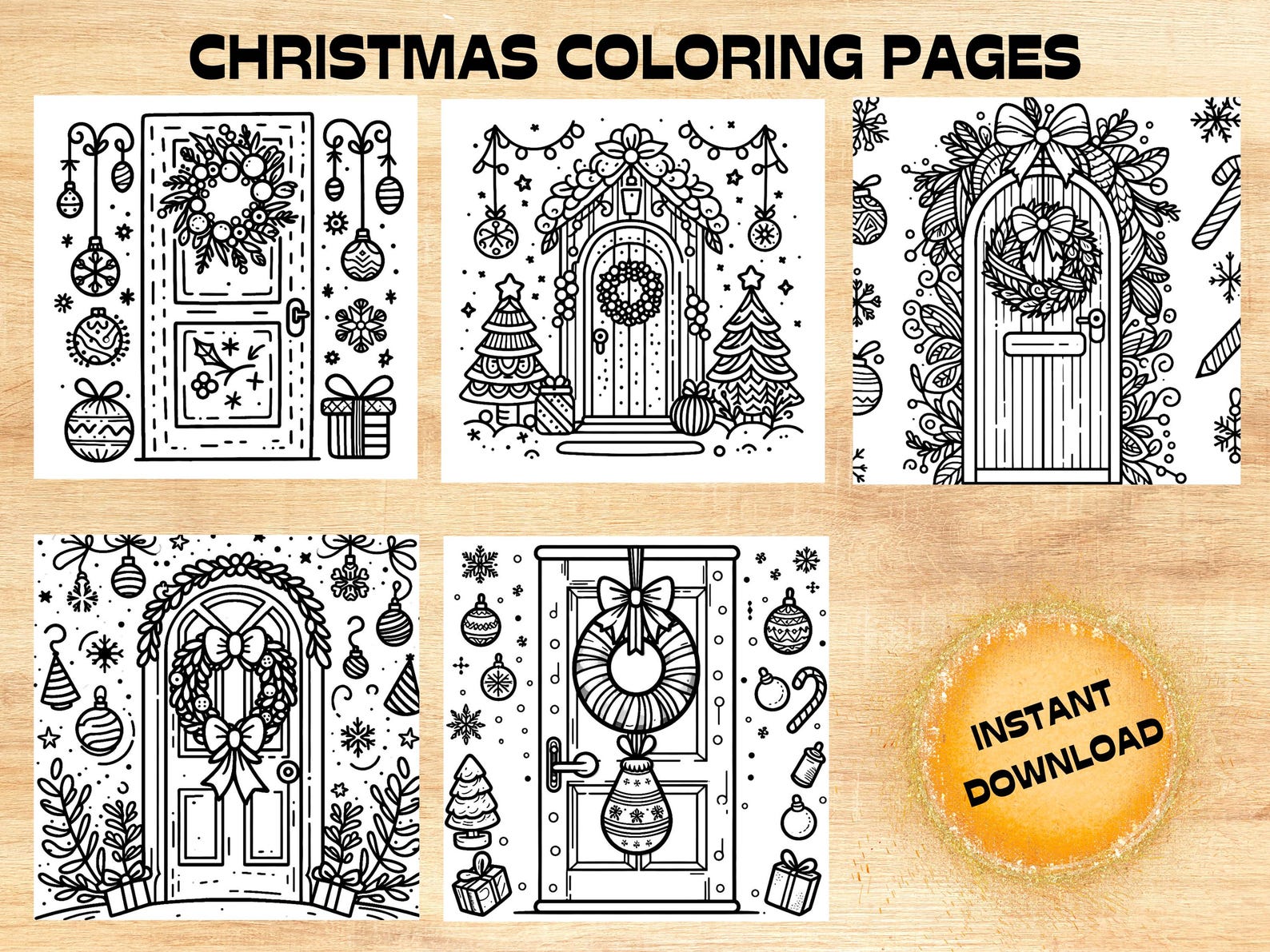 Christmas Doors Coloring Pages for Adults and Kids/ New Year Coloring ...
