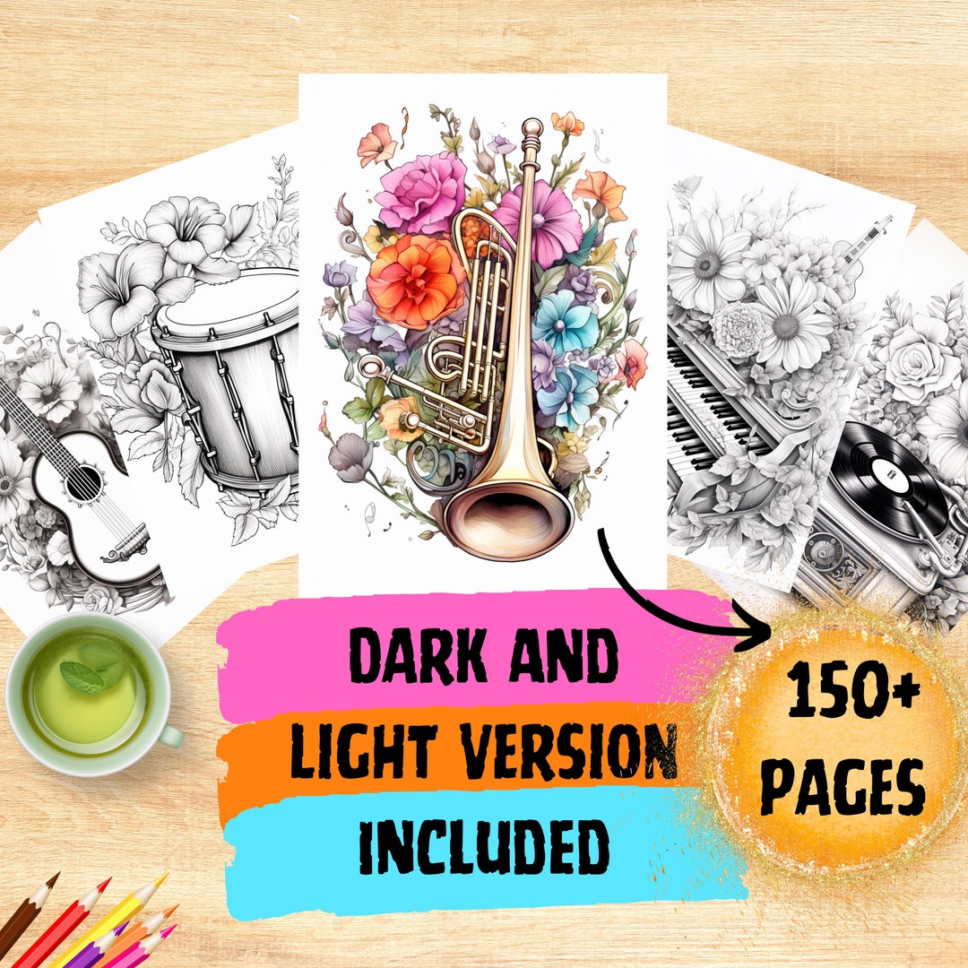 Instruments Coloring Pages/ Piano, Guitar, Drums, Trumpet, Snare, Drum ...