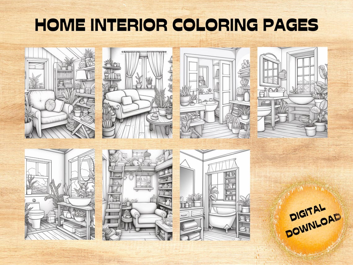 Home Interior Coloring Pages for Adults/ Grayscale Home Interior ...