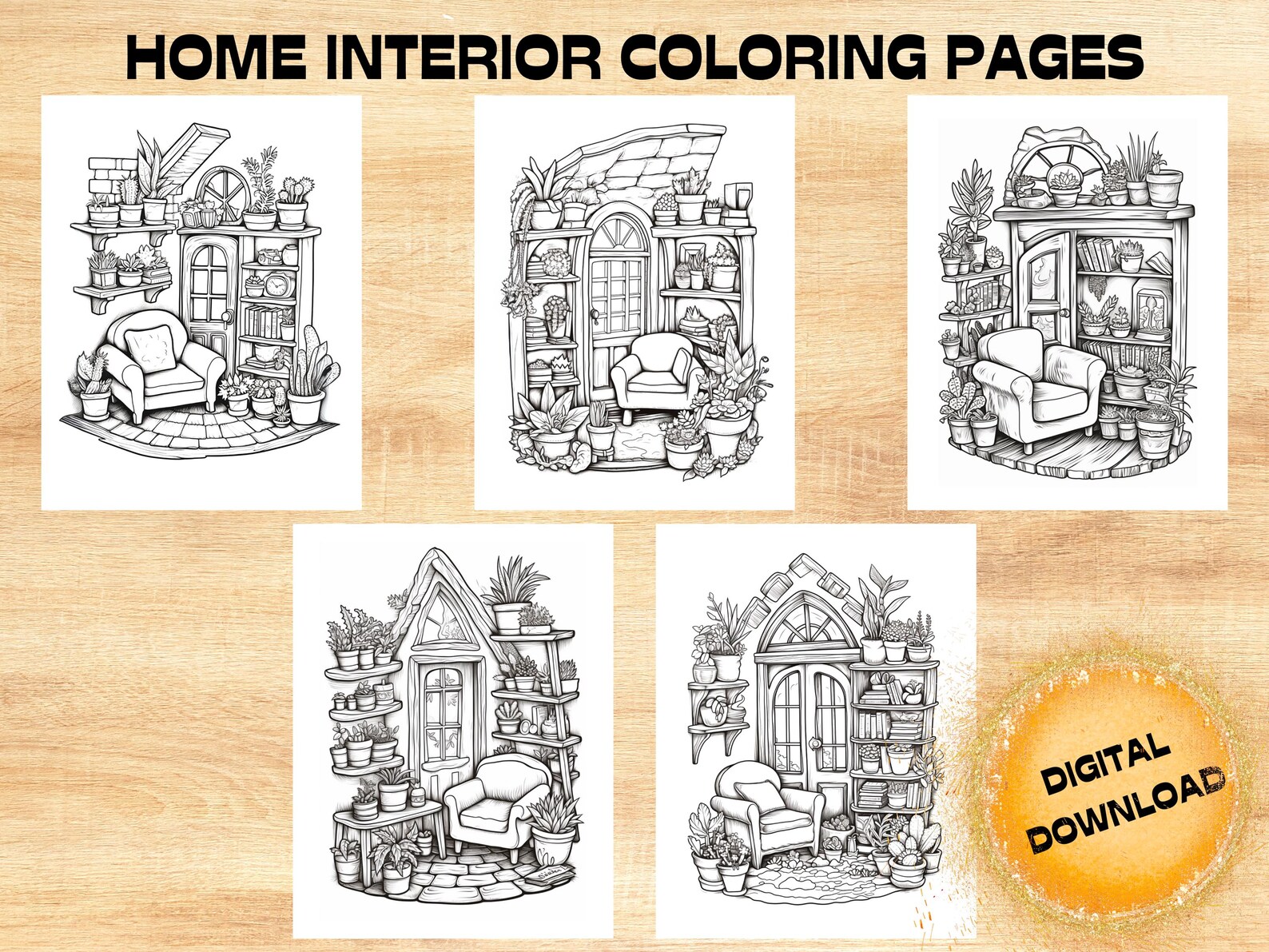 Dreamy Home Interior Coloring Pages for Adults/ Whimsical Grayscale ...