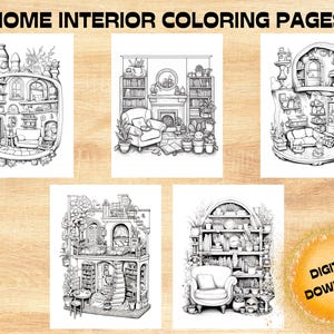 Dreamy Home Interior Coloring Pages for Adults/ Whimsical Grayscale ...