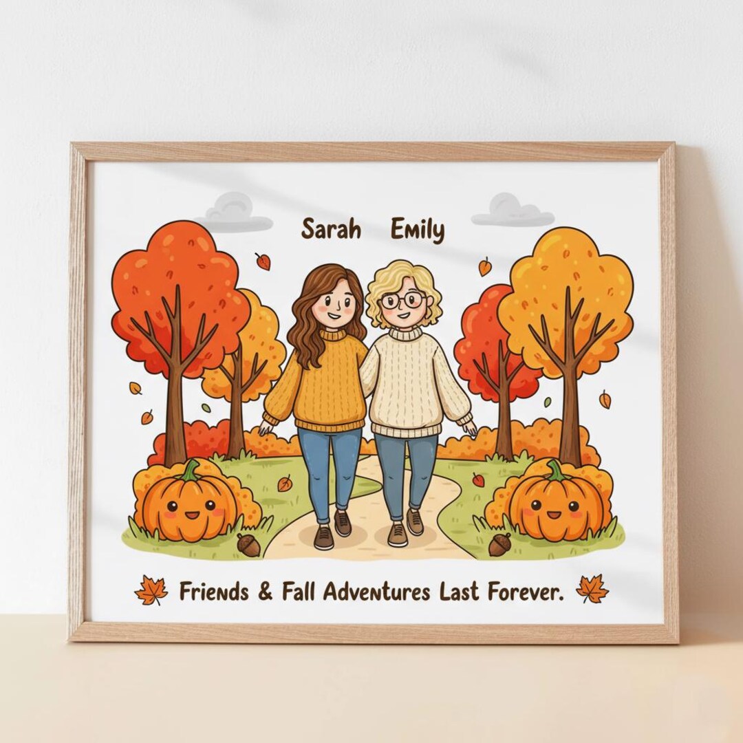 Fall Friendship Portrait From Photo, Custom Best Friends Cartoon ...