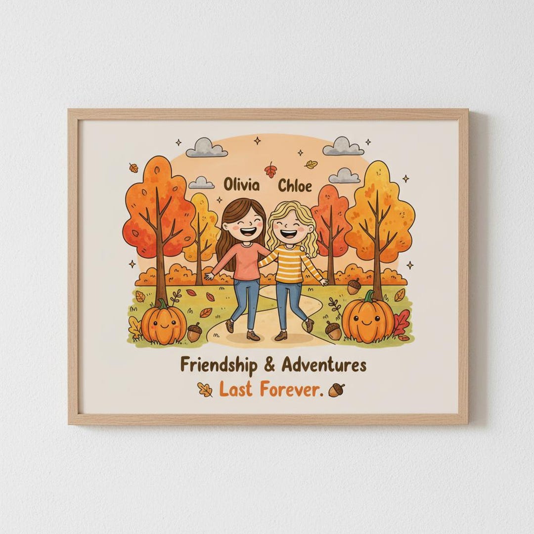 Autumn Bestie Cartoon Portrait From Photo, Cozy Fall Digital Artwork ...