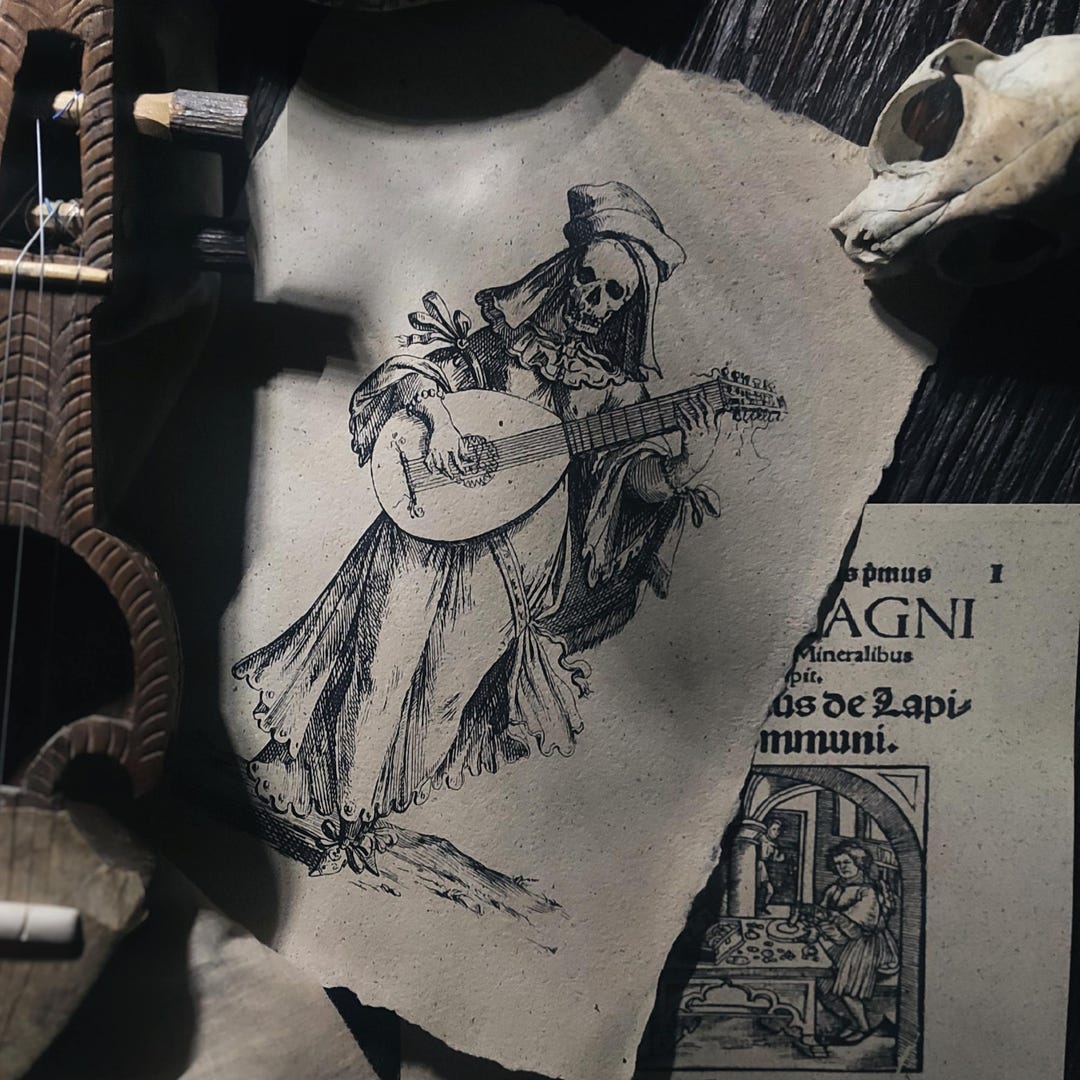 Death Playing a Lute | Dark Academia Hanging Scroll, Moody Wall Art ...