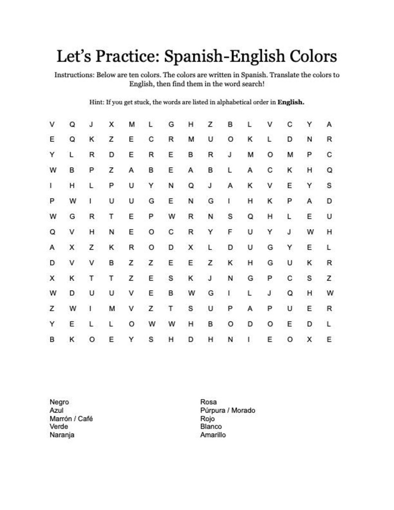 Spanish to English Color Word Search Spanish Language, English as a ...