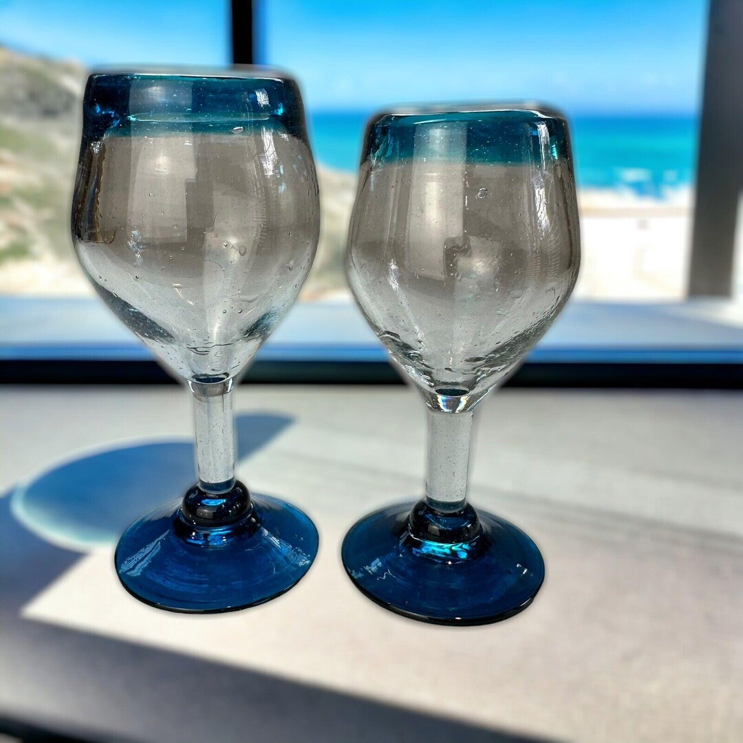 2 Hand Blown Glass Cobalt Blue Rim & Base Mexican Goblets Wine Glasses ...
