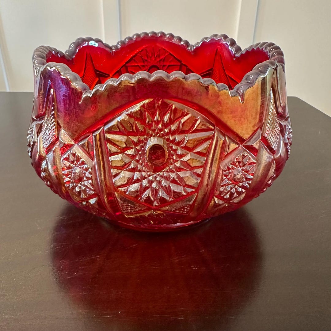 Vintage Art Deco Ruby Red Carnival Glass Bowl Iridescent Pinwheel ...