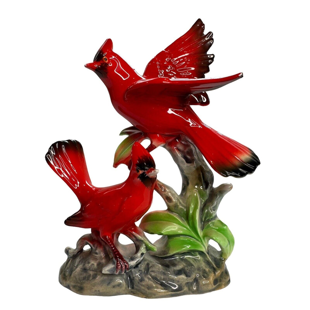 Vintage Japan Cardinal Red Birds Pair in Tree Ceramic Figurine 7” Tall ...