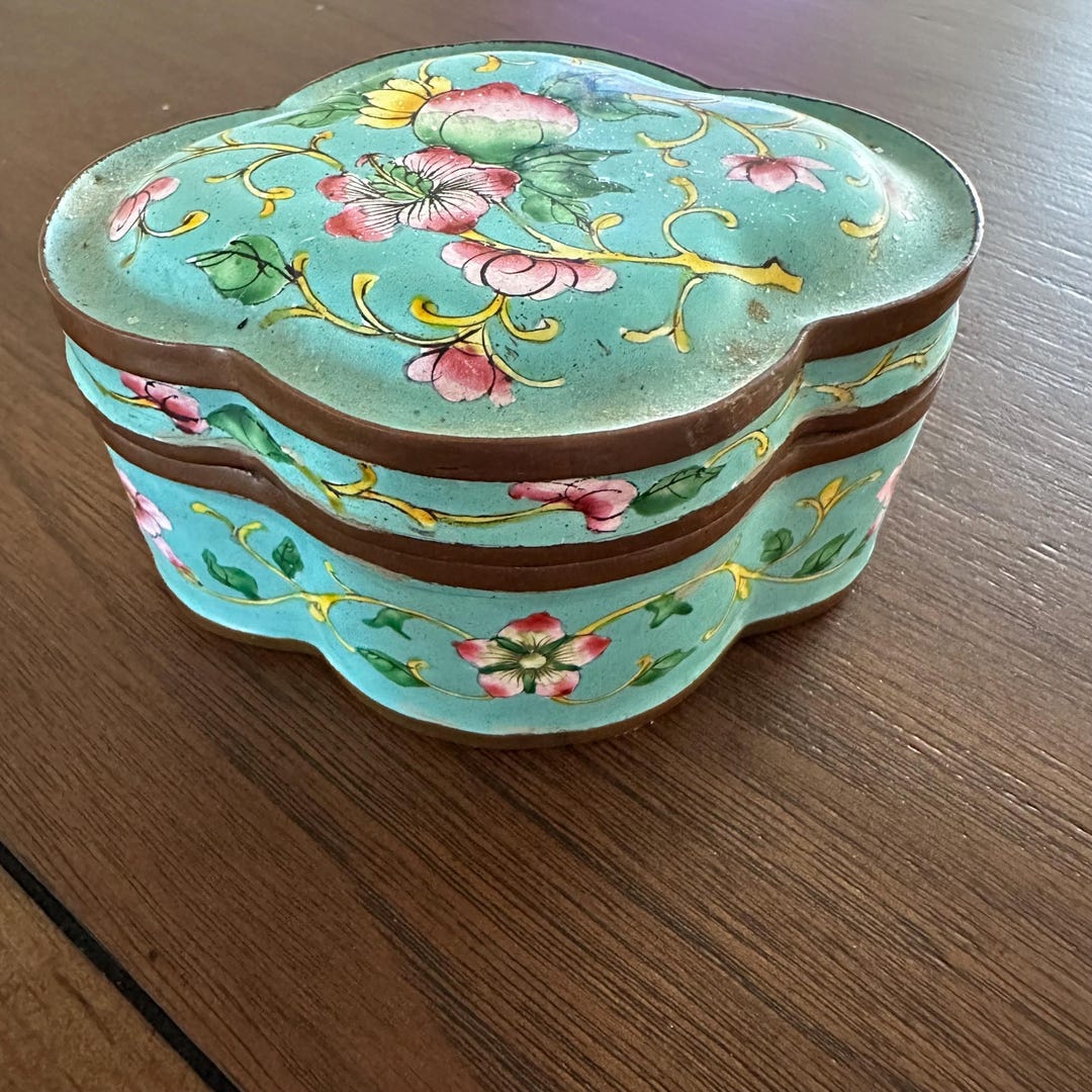 Chinese Canton Enamel Box Aqua Blue With Pink Floral Design - Etsy